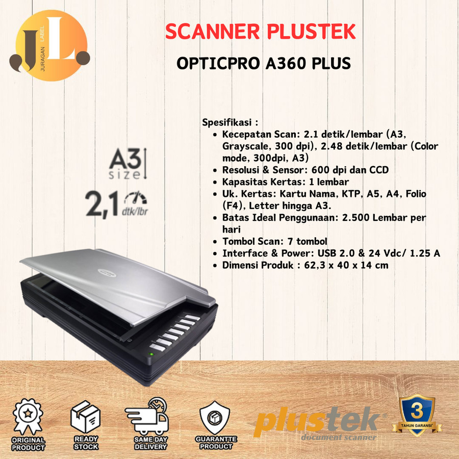 Jual Scanner Plustek OpticPro A360 Plus - 1.6 Detik/Lembar (A3 ...