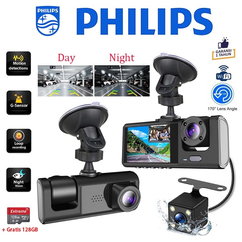 Jual Philips Dashcam Mobil 310°Perekaman Video Gratis 128GB SD Wifi GPS ...