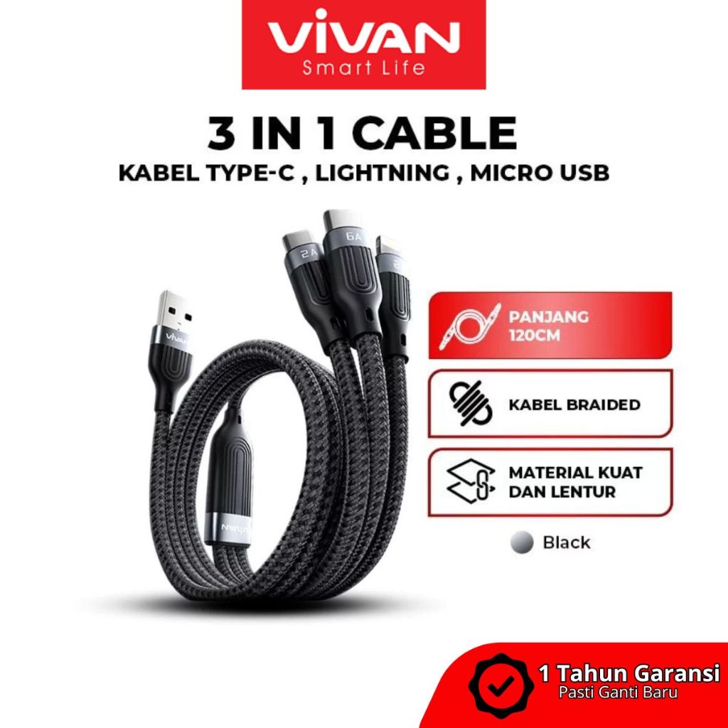 Jual VIVAN Kabel Data 3 in 1 Fast Charging 6A Micro USB Lightning Type ...