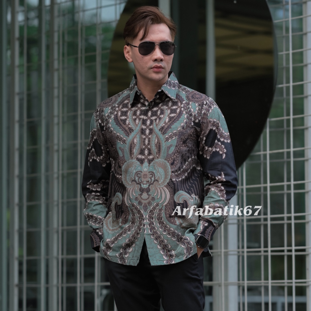Jual ABIMANYU SAGE GREEN Kemeja batik pria lengan panjang katun solo ...
