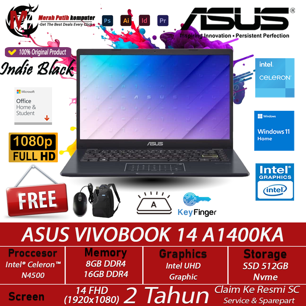 Jual Laptop Asus Vivobook 14 A1400KA Intel N4500 16GB 512GB 14 Inch FHD ...