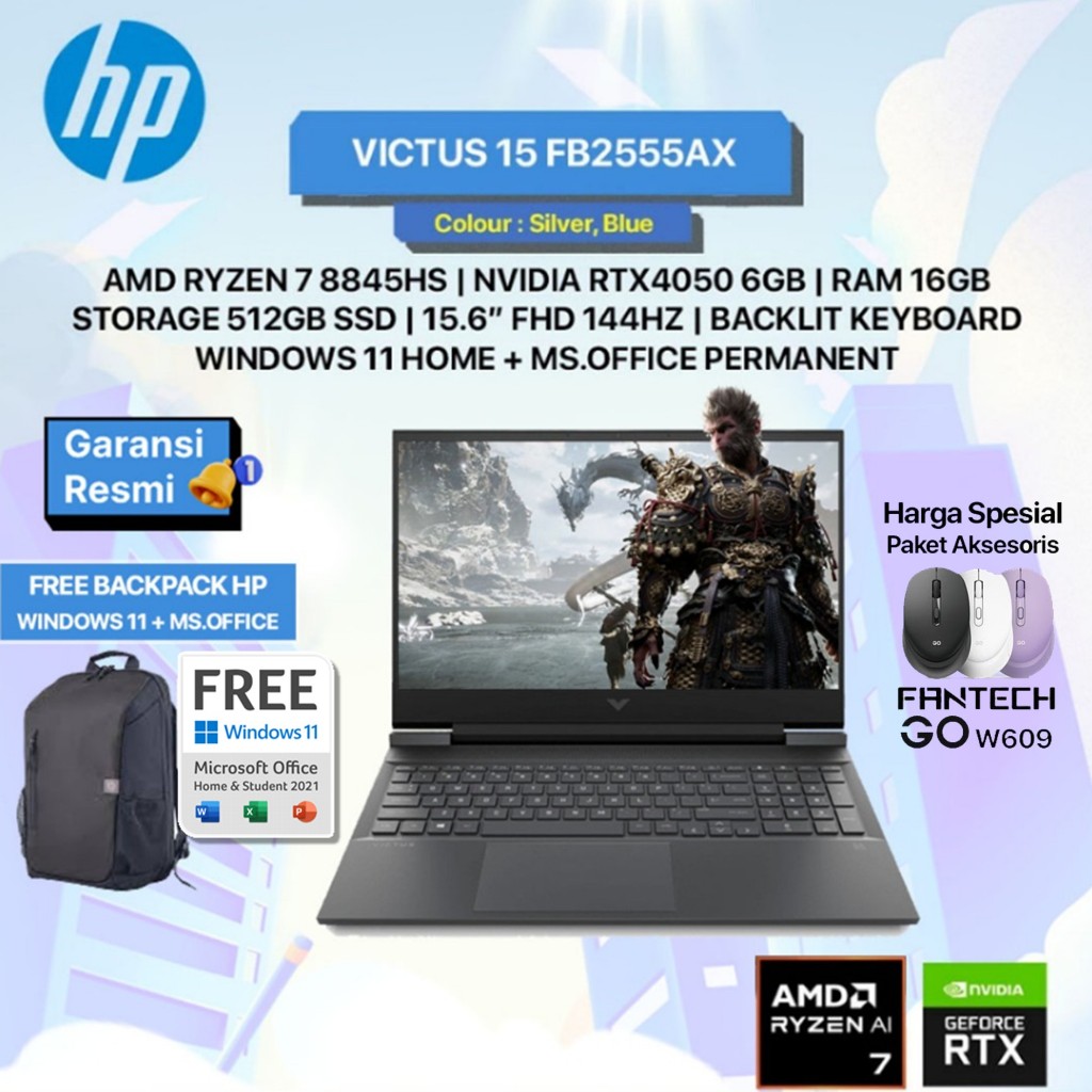 Jual LAPTOP HP VICTUS 15 AMD RYZEN 7 8845HS RTX4050 6GB/ 8GB 512GB W11 ...
