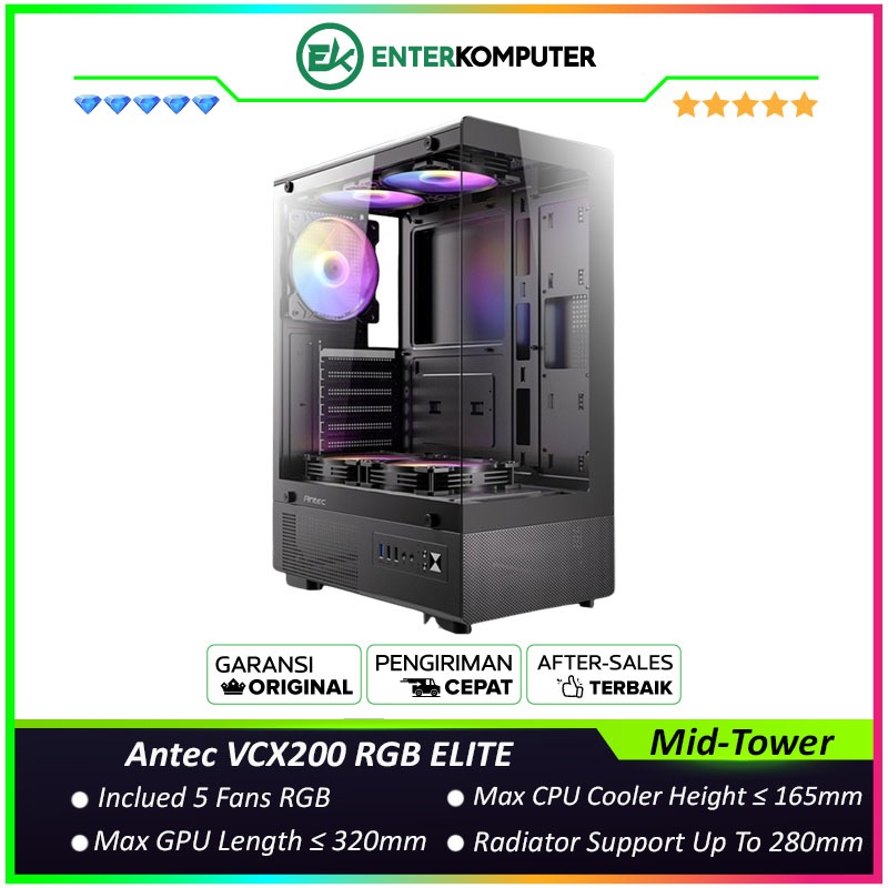 Jual Antec VCX200 RGB ELITE - Mid-Tower ATX Gaming Case - Tempered Glass Side Panel | Shopee ...