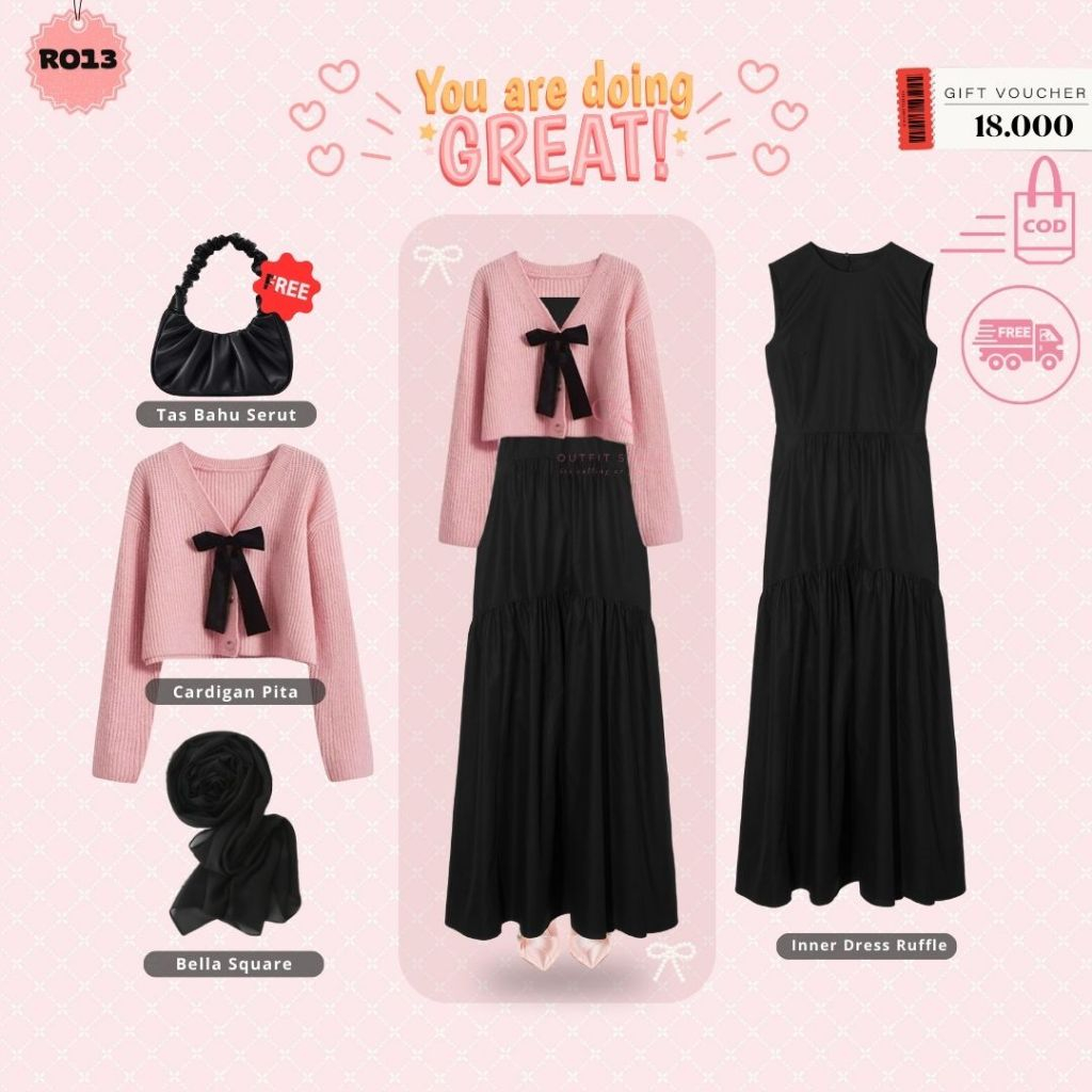 Jual One Set kekinian Wanita | Bella Square Hitam, Cardigan Pita Pink ...