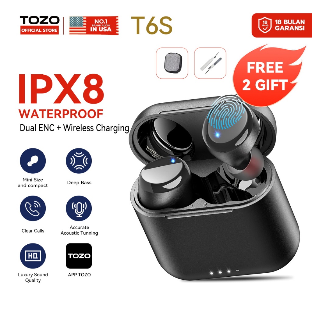 Jual (IPX8 Waterproof) Tozo T6S Earphone Bluetooth Version 5.3 True Wireless Earbuds ENC ...