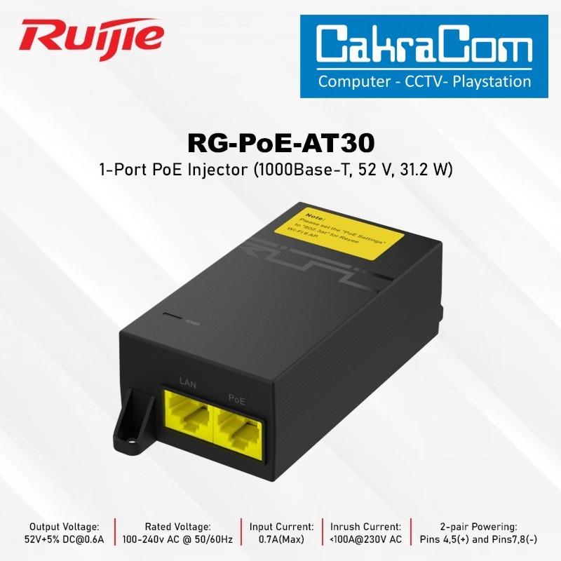 Jual RUIJIE RG-POE-AT30 1 Port PoE Injector (1000Base-T, 52 V, 31.2 W ...