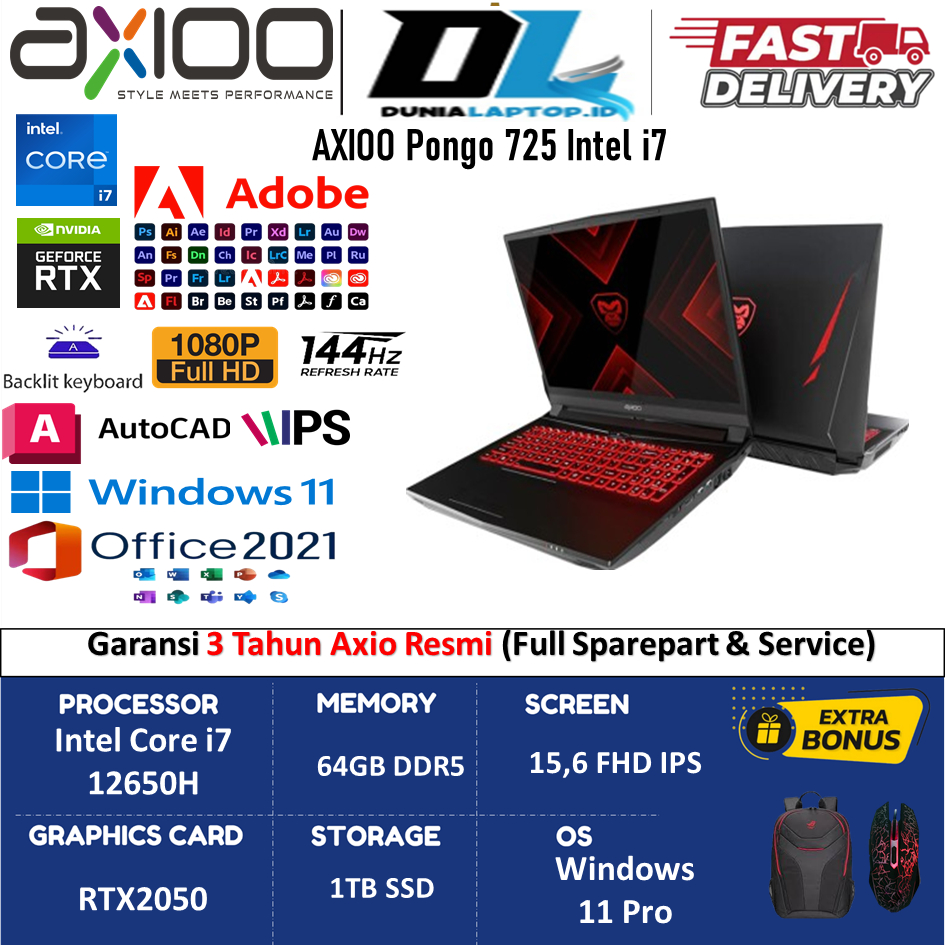 Jual Laptop Axioo Pongo 725 Intel i7 12650H 64GB 1TB SSD RTX2050 144Hz ...