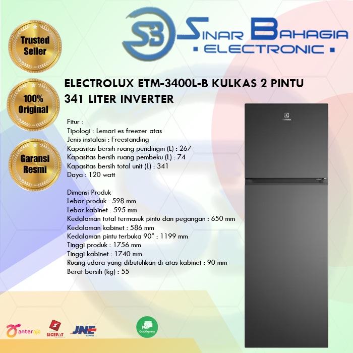 Jual ELECTROLUX ETM-3400L-B KULKAS 2 PINTU 341 LITER INVERTER (NEW ...