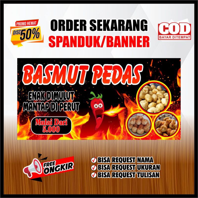 Jual spanduk baligo bannder basmut pedas ukuran 100x50 cm | Shopee ...