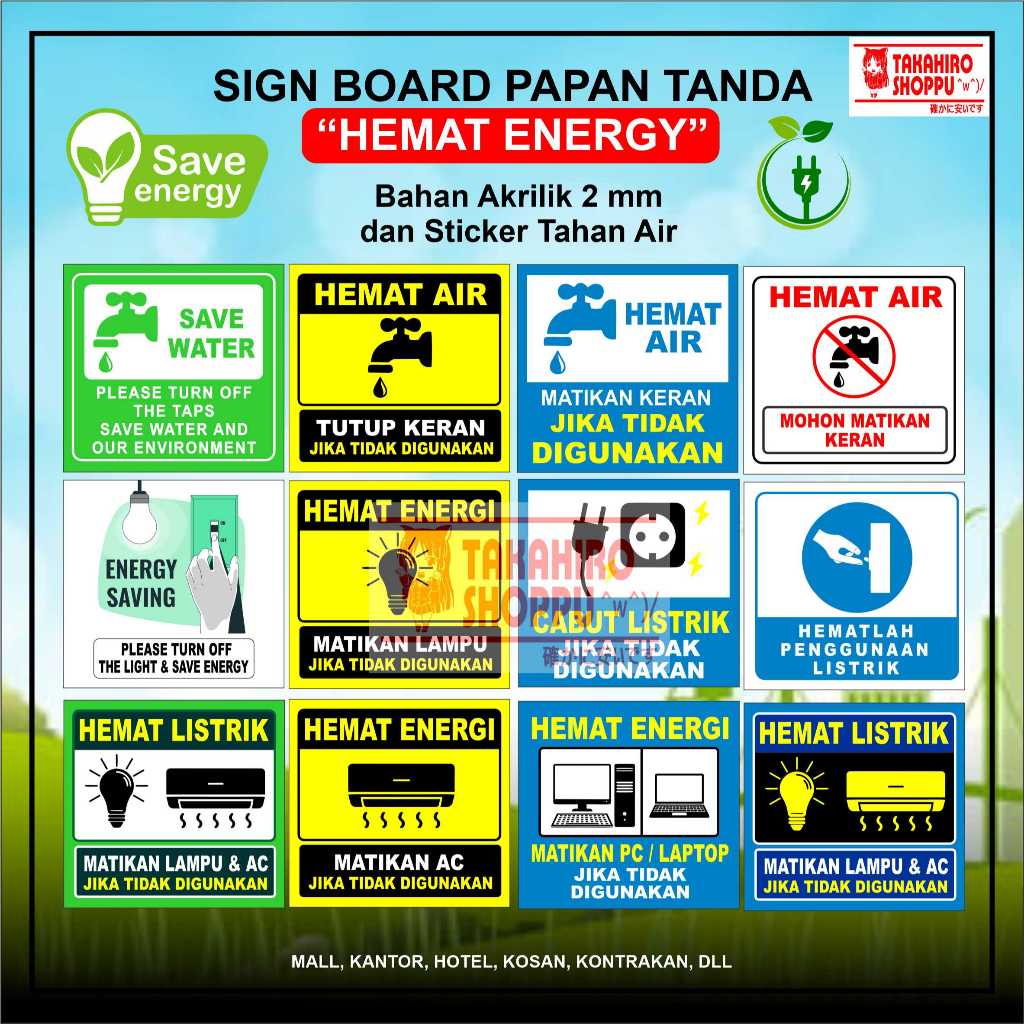 Jual SIGN BOARD AKRILIK / STIKER TANDA HEMAT ENERGI / HEMAT LISTRIK / HEMAT AIR / MATIKAN KERAN ...