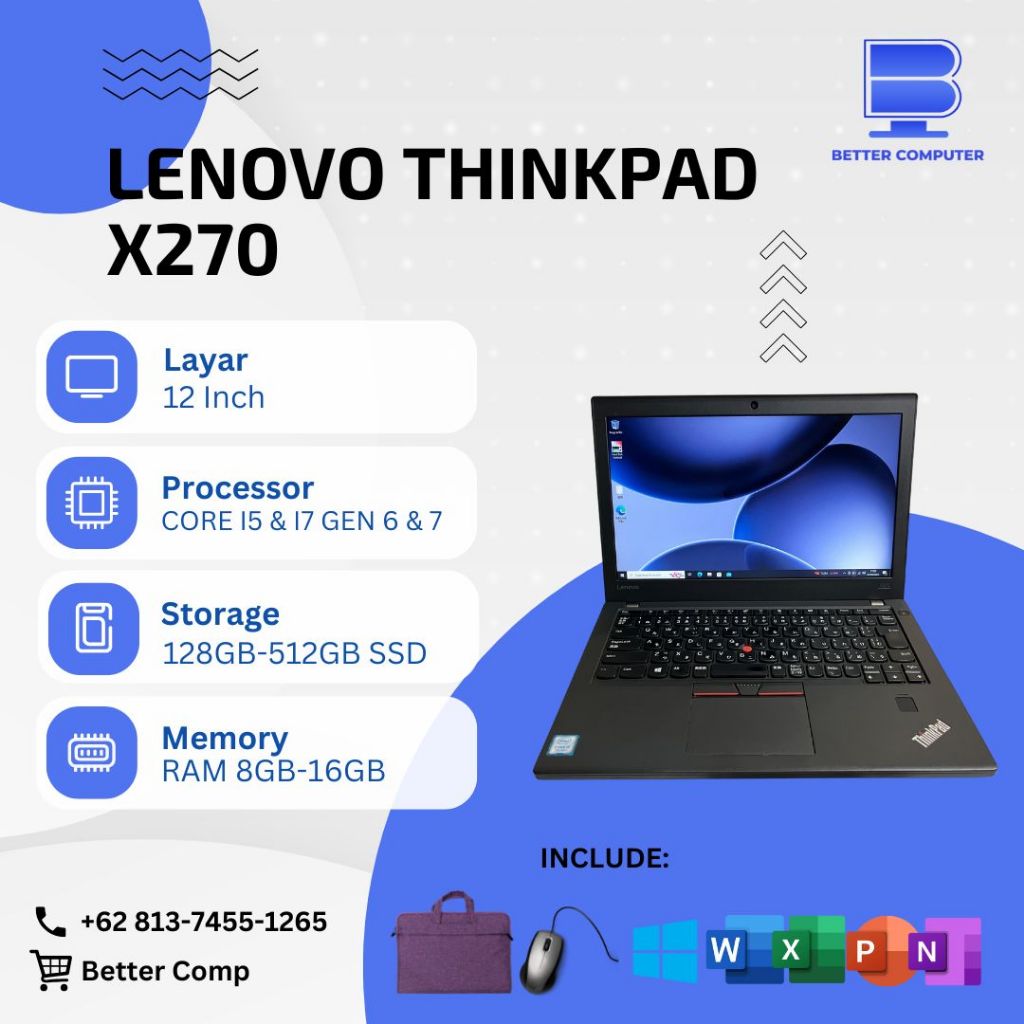 Jual Laptop Lenovo Thinkpad X270 Intel Core i5 & i7 Gen 6 & 7 RAM 8GB-16GB SSD 128GB-512GB Layar ...