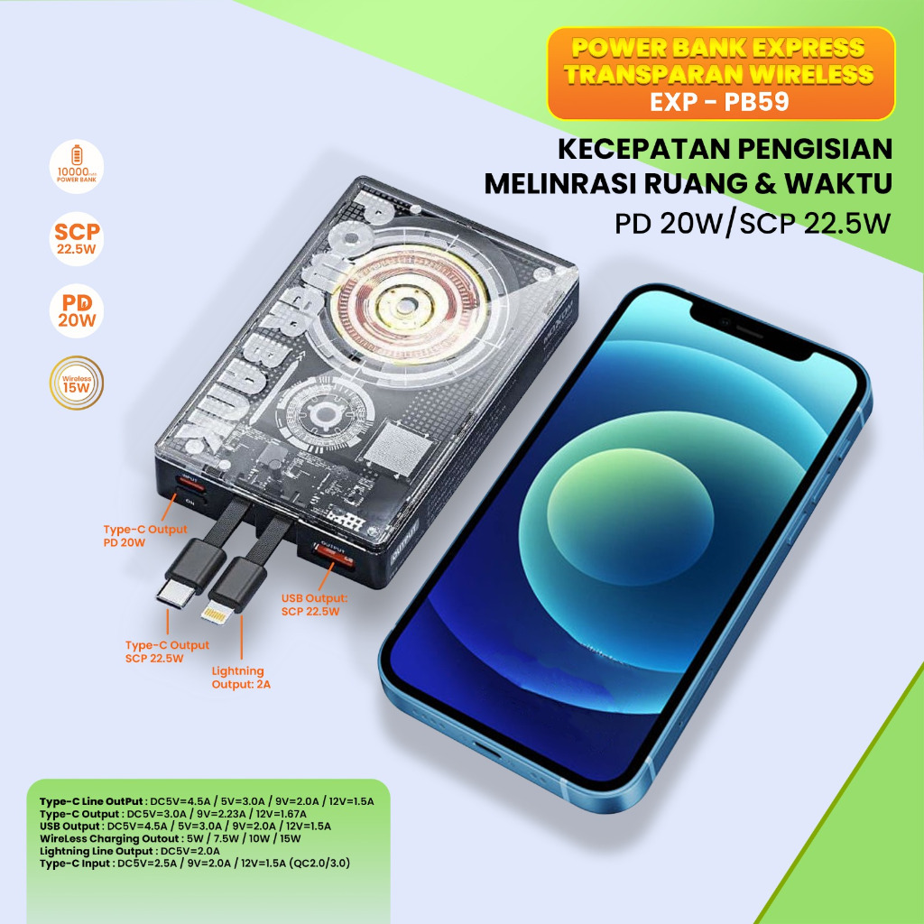 Jual POWER BANK EXPRESS TRANSPARAN EXP-PB59 10000MAH WIRELESS NIRKABEL ...