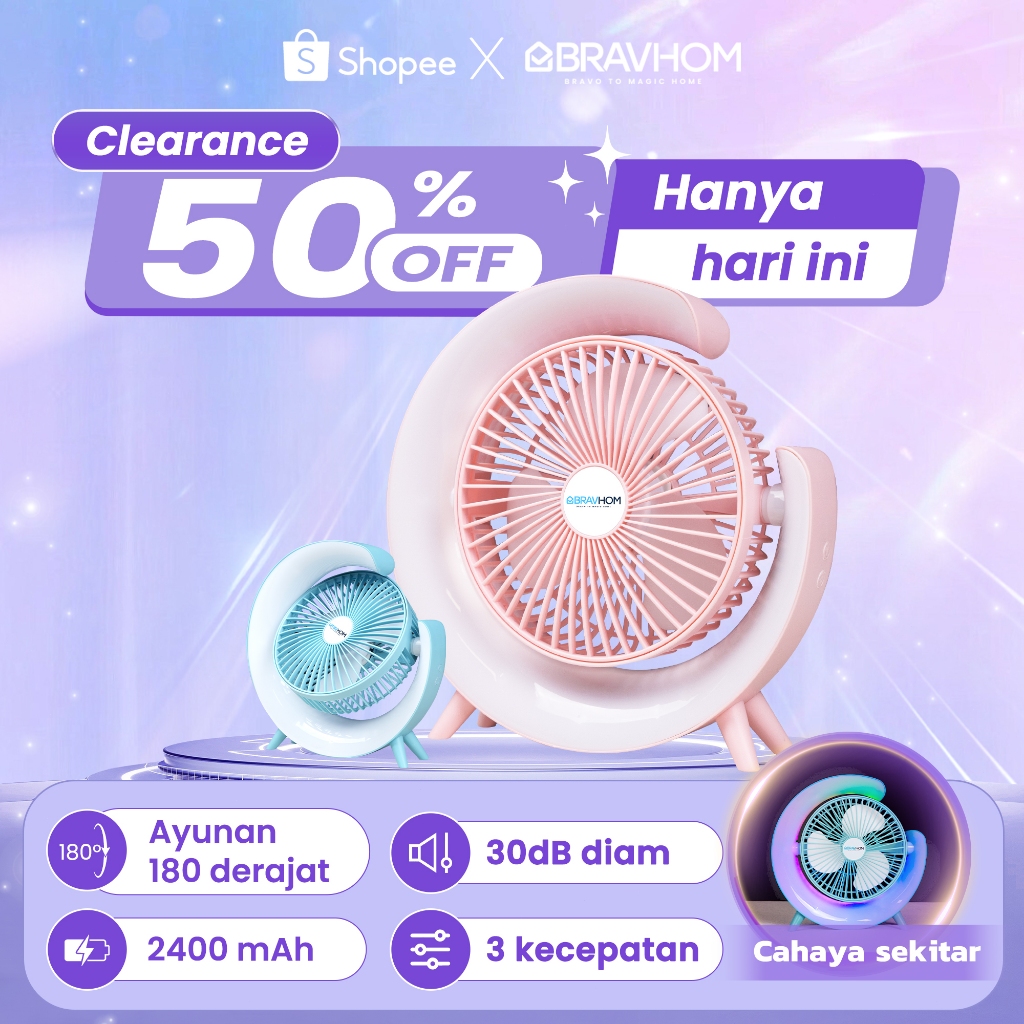 Jual BRAVHOM Kipas Angin Meja 6.5IN Kipas Angin LED Cahaya Sekitar 3 ...