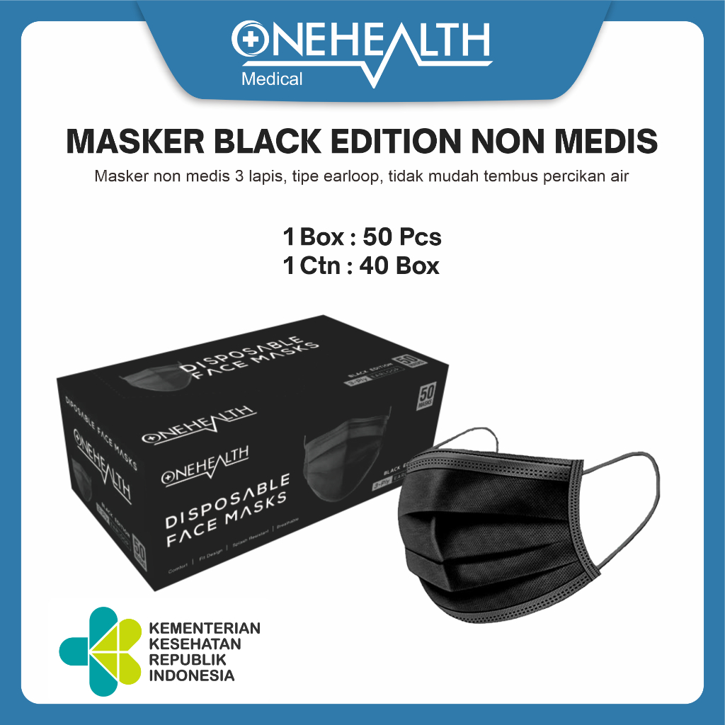 Jual Onehealth Masker Hitam Black Edition Dewasa Disposable 3 Ply ...