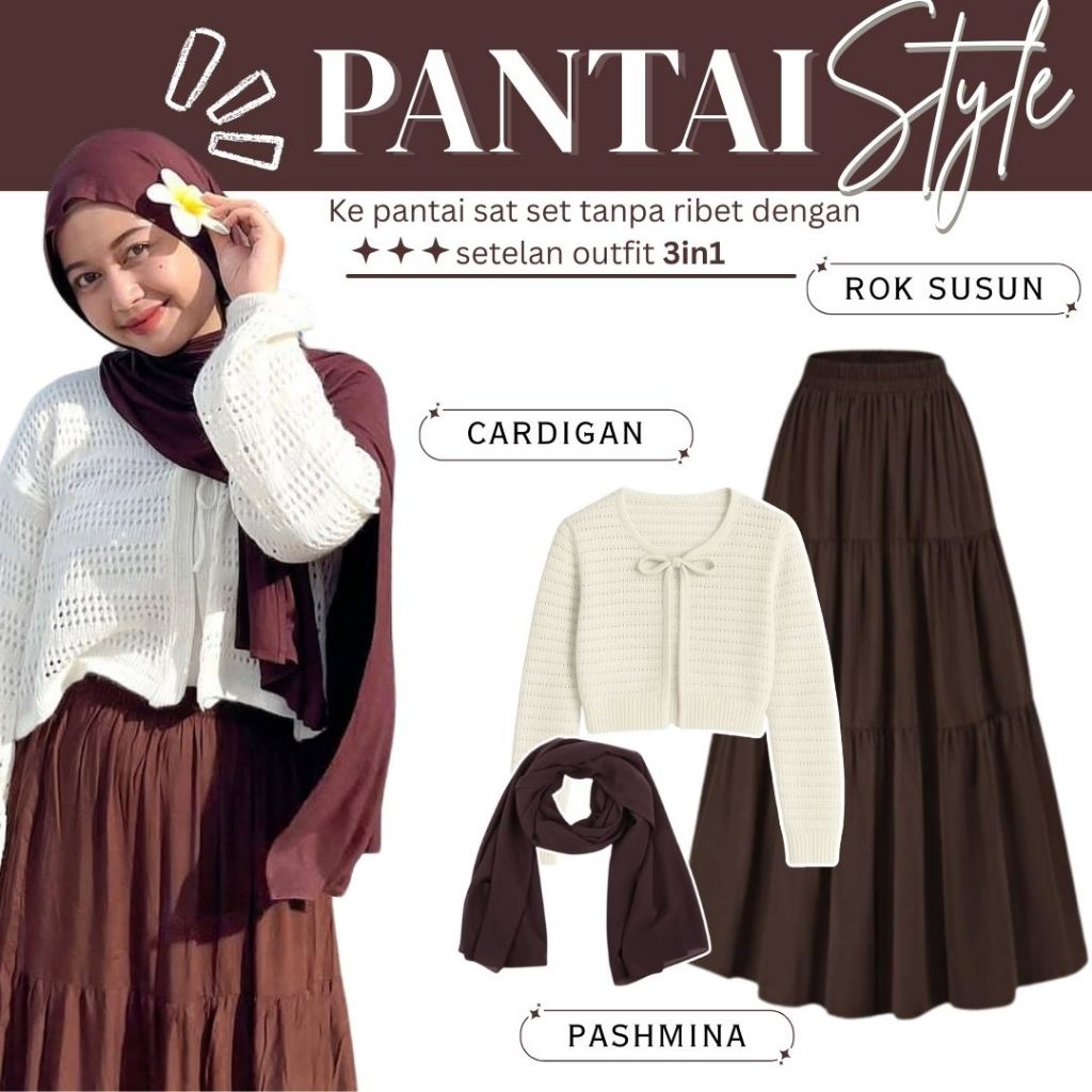 Jual Outfit Pantai Wanita One Set Hijab Pashmina Ceruty & Cardigan ...