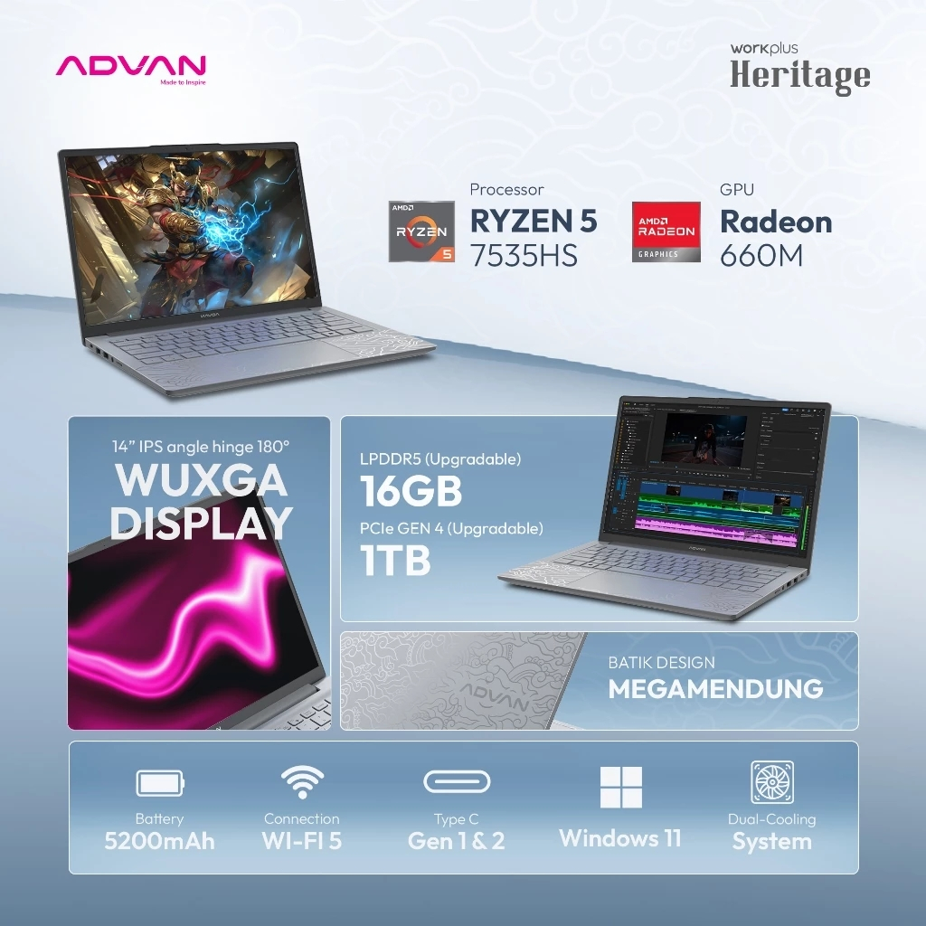 Jual ADVAN Workplus HERITAGE AMD Ryzen 5 7535HS RAM32GB SSD2TB 14'' IPS Wuxga Windows 11 ...
