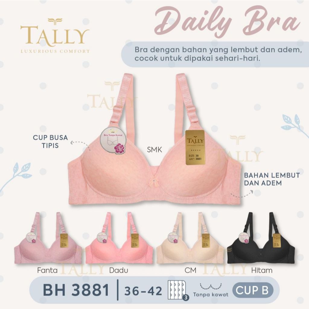 Jual Bra BH TALLY 3881 Tanpa Kawat Busa Tipis Kait 3 (Cup B) | Shopee Indonesia