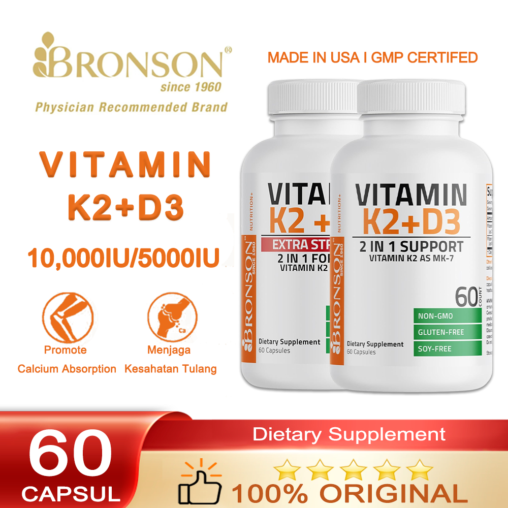 Jual bronson vitamin k2 d3 5000iu /vitamin d3 k2 10000 iu Extra Strength 60caps untuk tulang ...