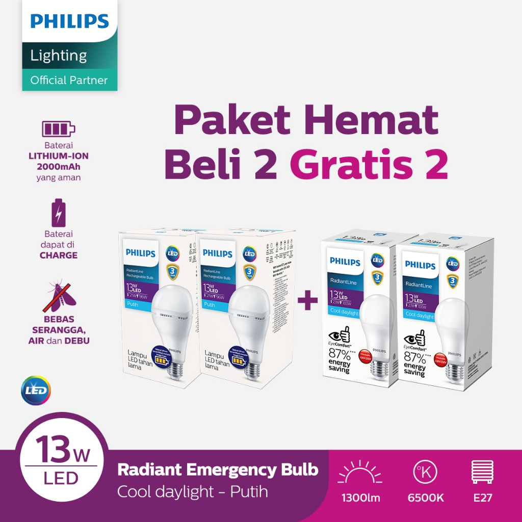 Jual Beli 2 Philips Lampu Emergency 13W 6500k Putih Gratis 2 Lampu LED 13W 6500k Putih | Shopee ...