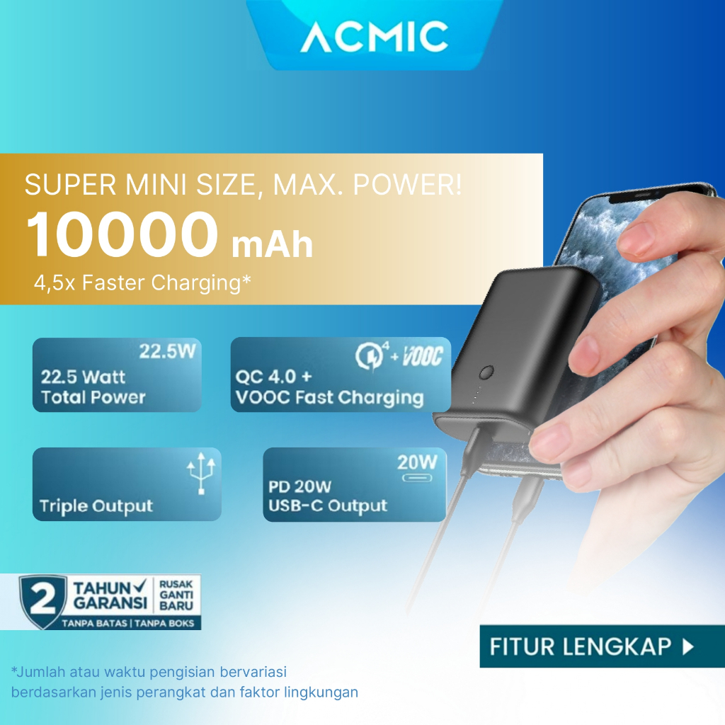 Jual ACMIC MINIMAX 10000mAh Powerbank Mini 22.5W Fast Charging Type C ...