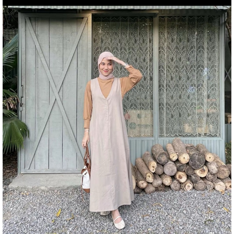 Jual Lurry Overall Long Dress Linen Twill V Linen Tanpa Lengan Outer | Shopee Indonesia