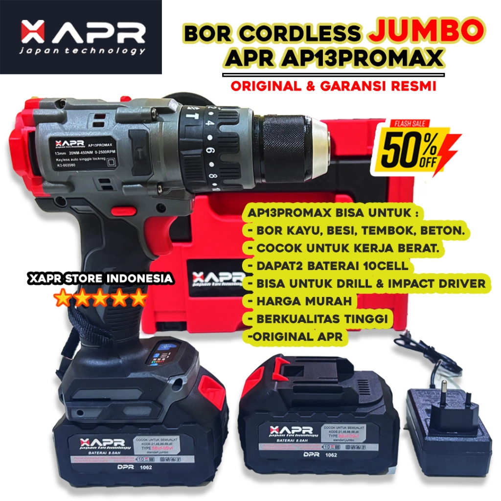 Jual Apr Bor brushless 13mm jumbo impact drill cordless ap13 promax ...