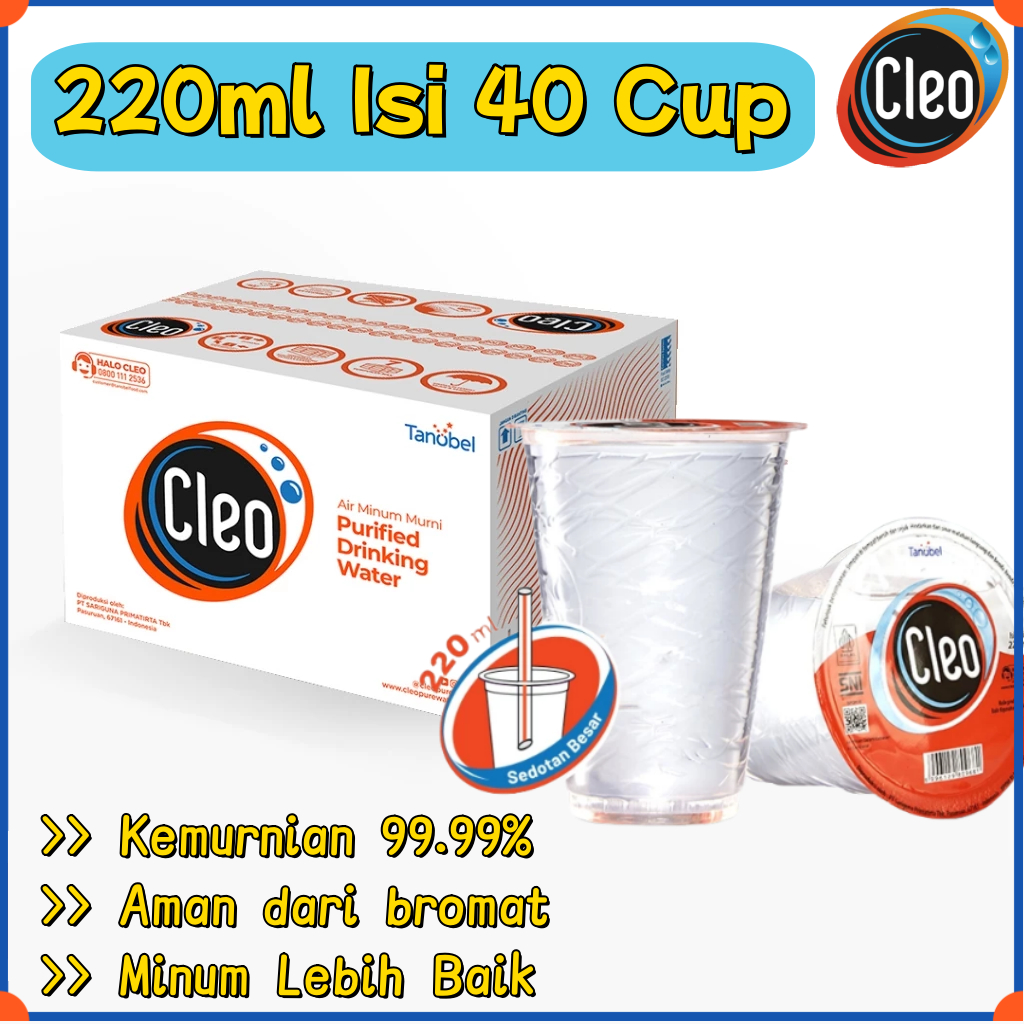 Jual Cleo Air Murni Cup 220ml (40pcs/Box) Aman dari bromat,Minum Lebih Baik /Air mini cleo/Air ...