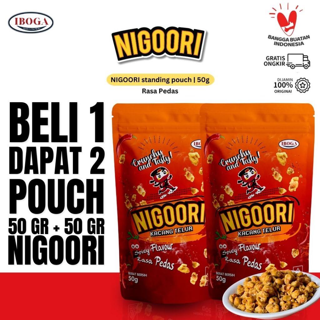Jual [BELI 1 GRATIS 1] Snack Camilan kacang Telur Gurih Telor Murah Pouch 50g NIGOORI Rasa Pedas ...