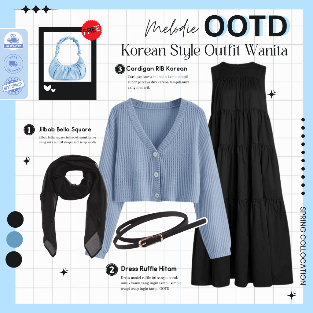 Jual 3In1 One Set Wanita Korean Style | Jilbab Bella Square Hitam ...