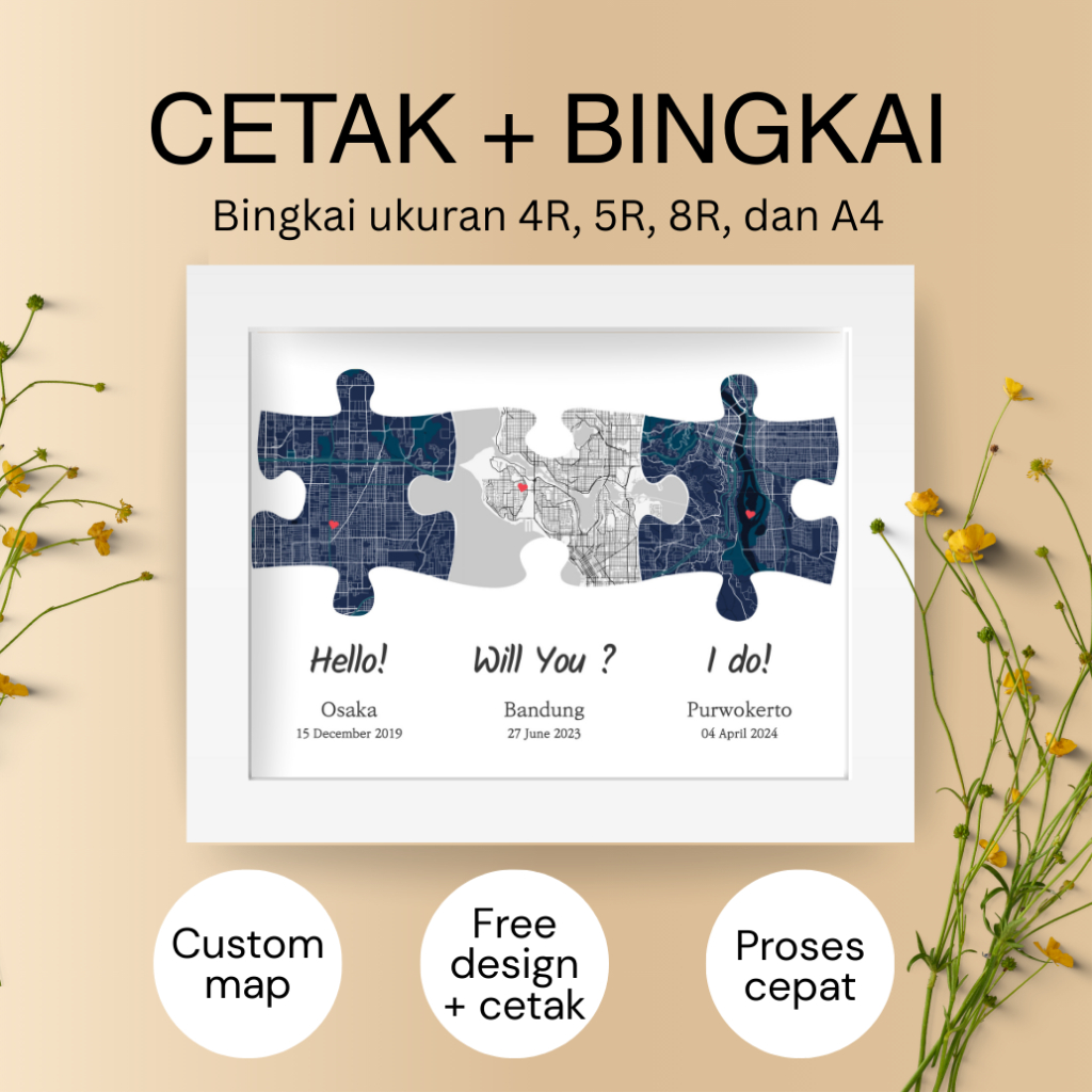 Jual Cetak Peta Frame 3 Puzzle | Hadiah LDR, Anniversary, Valentine ...