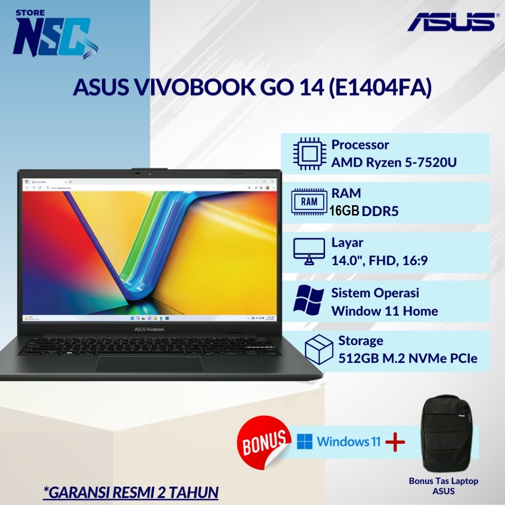 Jual ASUS Vivobook Go 14 E1404FA RYZEN 5-7520U 16GB 512GB 14" FHD VIPS ...