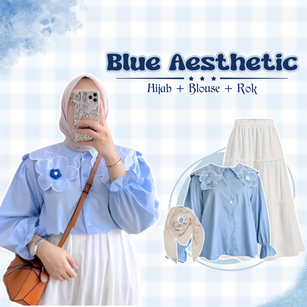 Jual One Set Outfit Wanita Hijab Kekinian | Blouse Bunga, Rok Susun ...