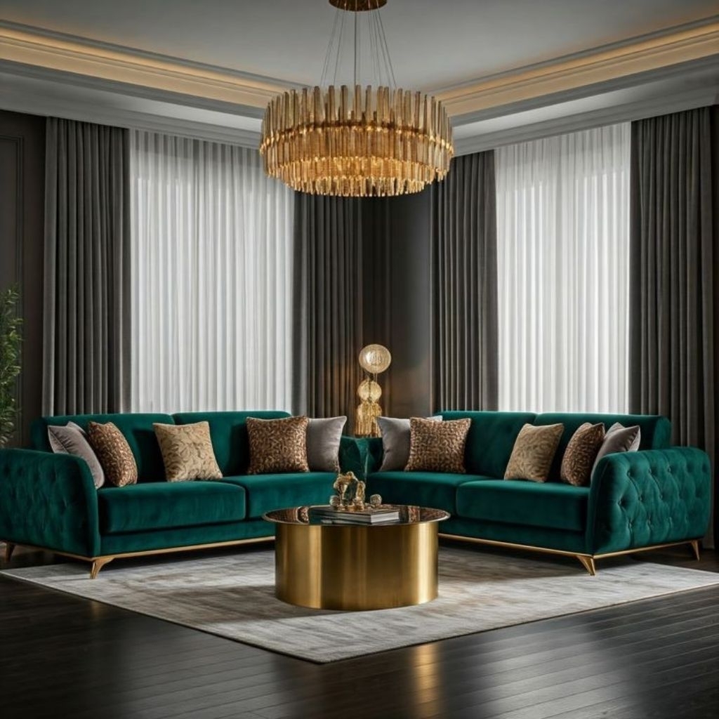 Jual sofa sudut mewah dengan sentuhan emas dan meja gaya modern ...