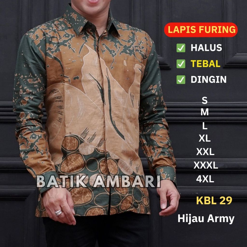 Jual Batik Pria LAPIS FURING Kemeja Batik Lengan Panjang STANDAR JUMBO XXXL 4XL HIJAU ARMY KBL ...