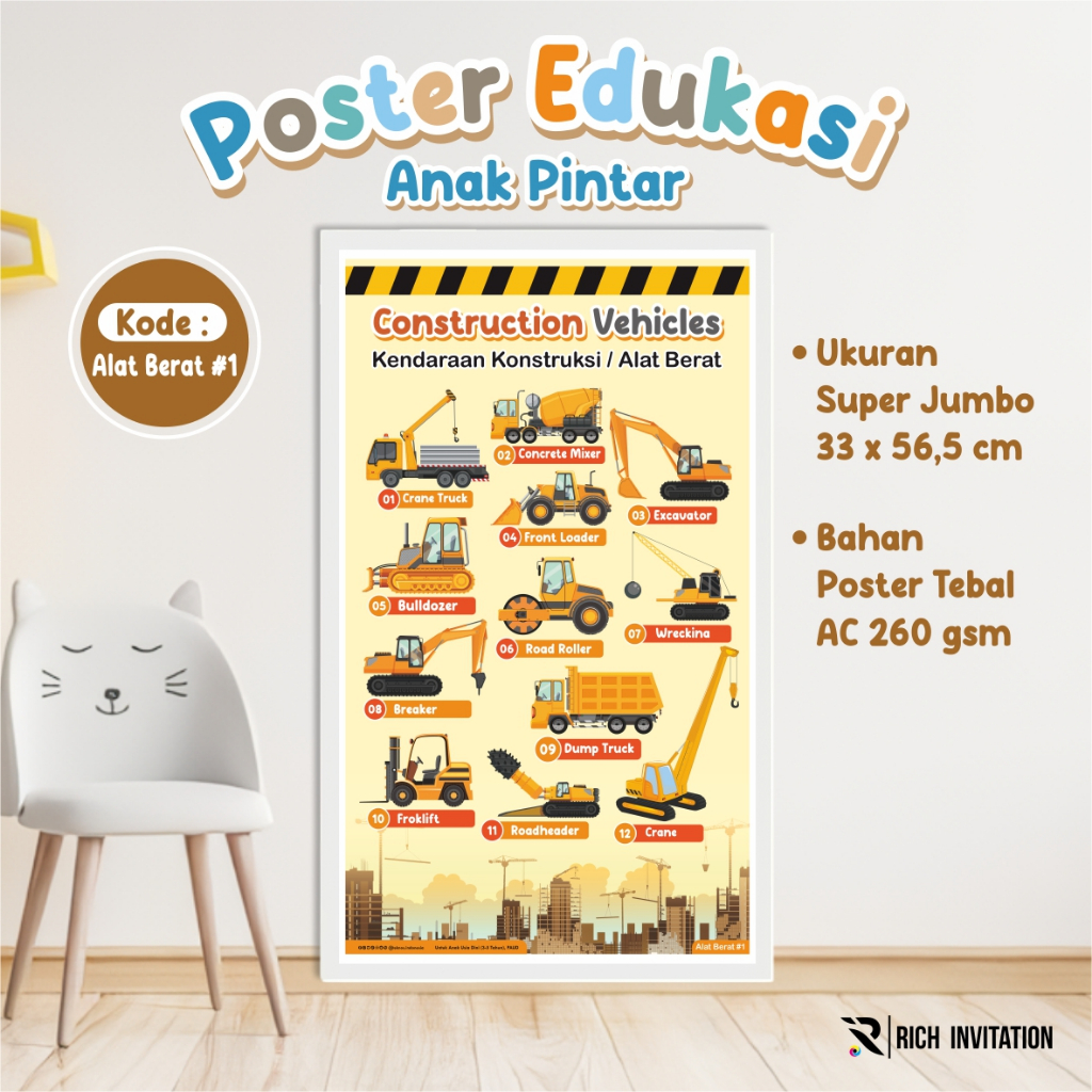 Jual (TEMA ALAT BERAT) POSTER ANAK BERGAMBAR & BERWARNA - POSTER ...