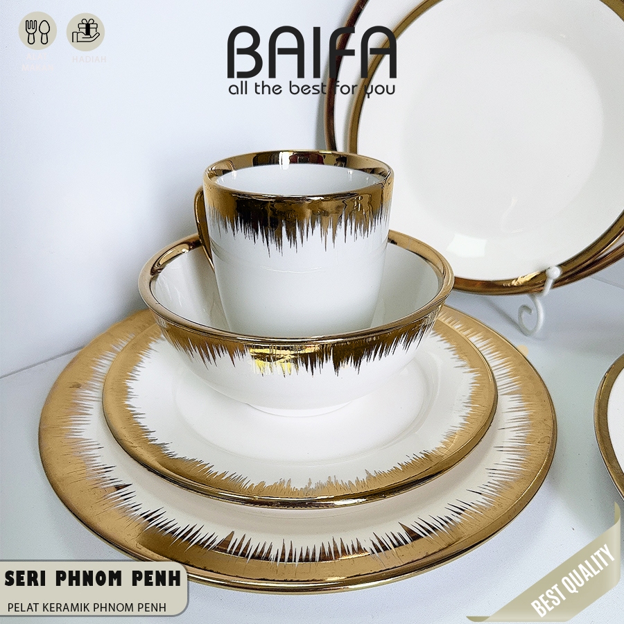 Jual BAIFA - Piring & Mangkuk Makan Mewah Keramik Putih Double list ...