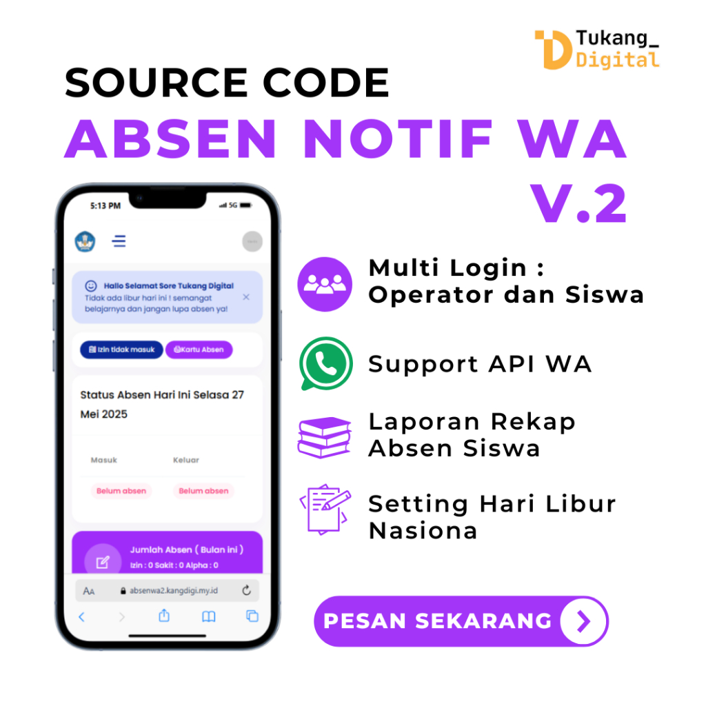 Jual Aplikasi Absen Kehadiran Notif WA Sourcecode Multi Login Operator dan Siswa berbasis ...