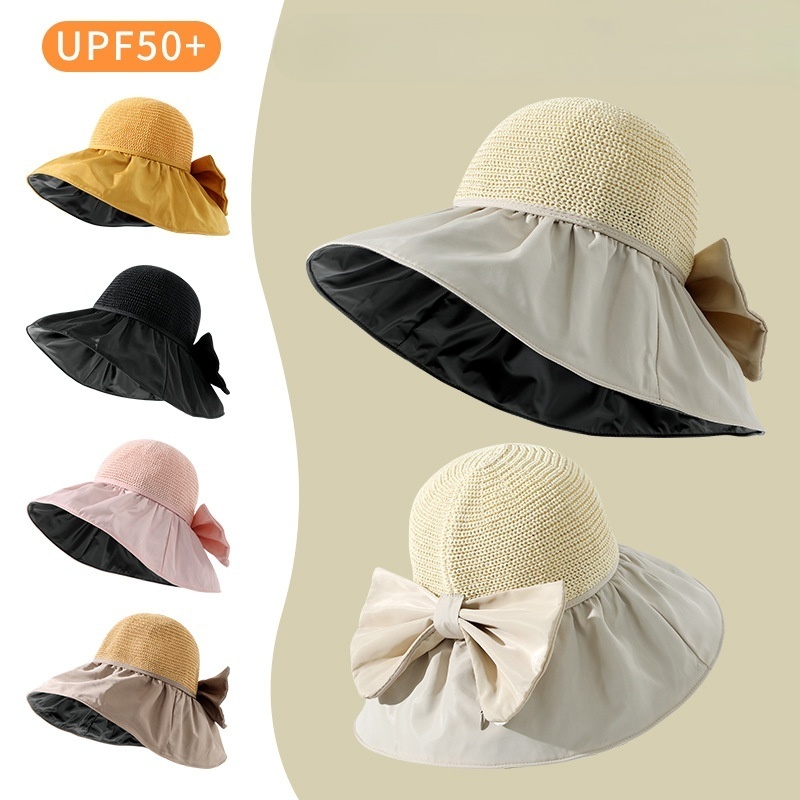 Jual Topi visor wanita lebar anti UV Topi pantai rajut elegant wajah terlihat lebih kecil Bucket ...