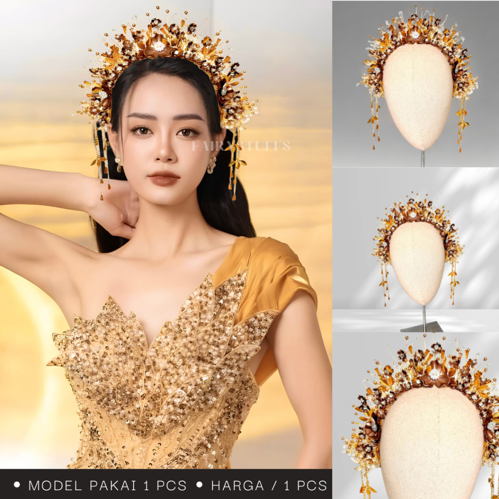 Jual Mahkota Pengantin Adat Parade Pentas Fashion Show Tradisional Penari Bride Gold Bunga ...
