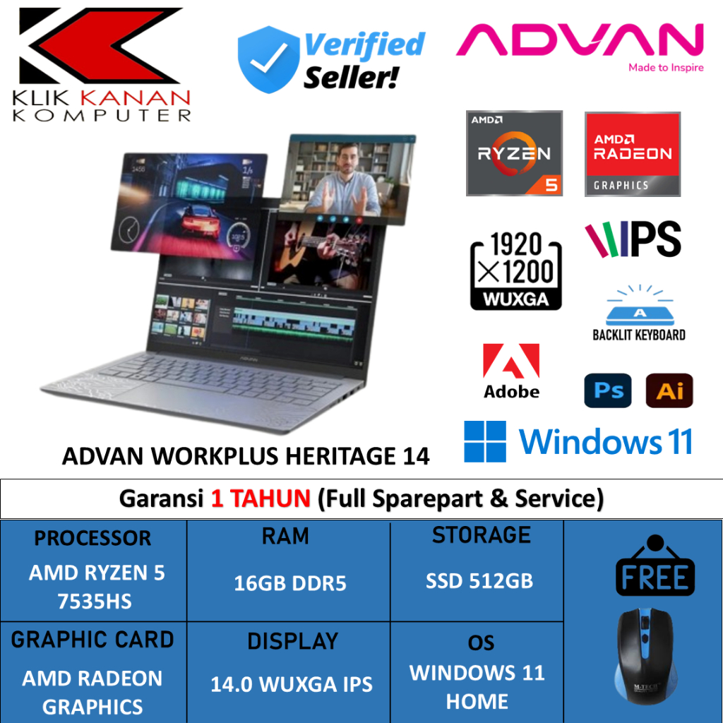 Jual Advan Workplus Heritage 14 1701 L25B-R57S1 Amd Ryzen 5 7535HS 8GB ...