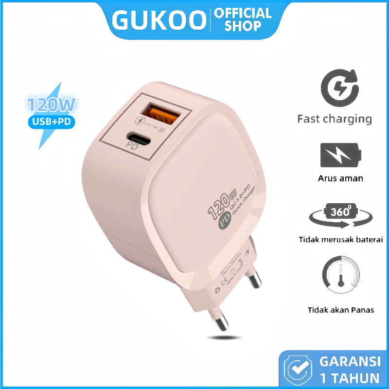 Jual GUKOO Charger 120W Fast Charging Kuat & Compact - Port Ganda Type C/USB - Cas 5 HP ...
