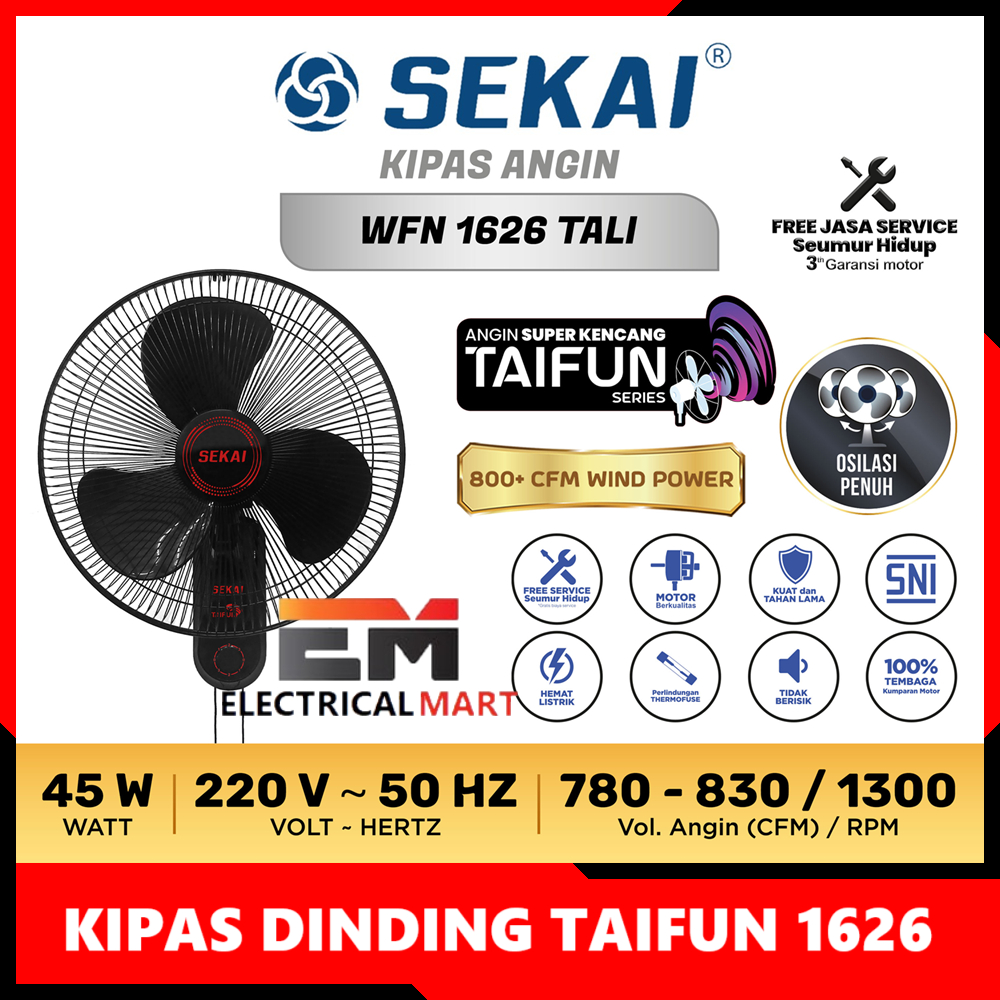 Jual SEKAI Kipas Angin Dinding Wall Fan Tornado 16 Inch - WFN 1626 Taifun / WFN 1627 Taifun Tali ...