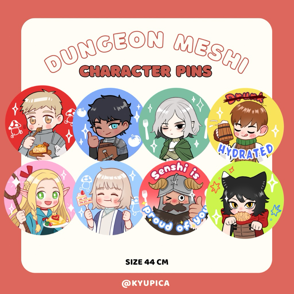 Jual Delicious in Dungeon Meshi 44mm Characters Pins | art by kyupica ...