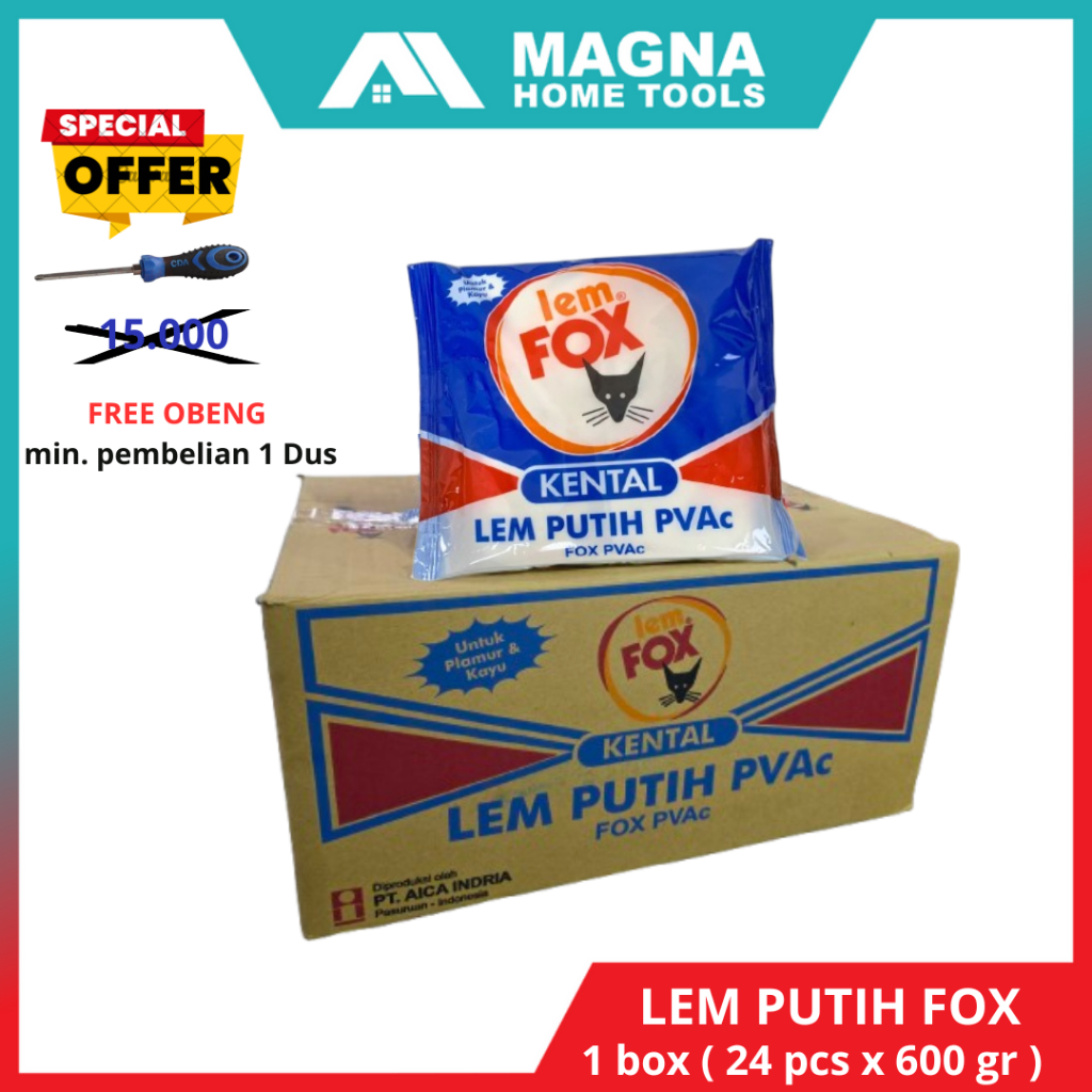 Jual LEM PUTIH FOX BESAR 600gr PLAMIR/TEMBOK/KAYU 1 Dus isi 24 bungkus ...