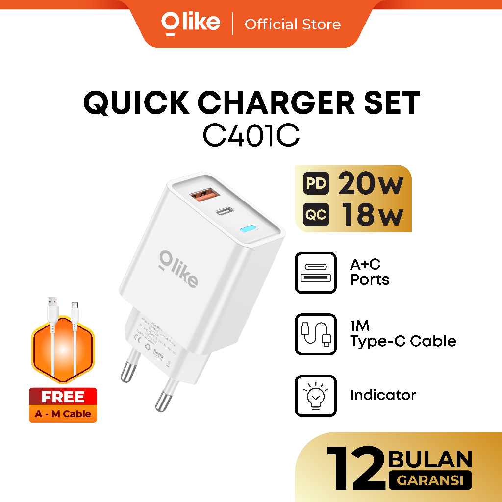 Jual OLIKE Charger C401 Fast Charging 18W Dual Port Type C + USB ...