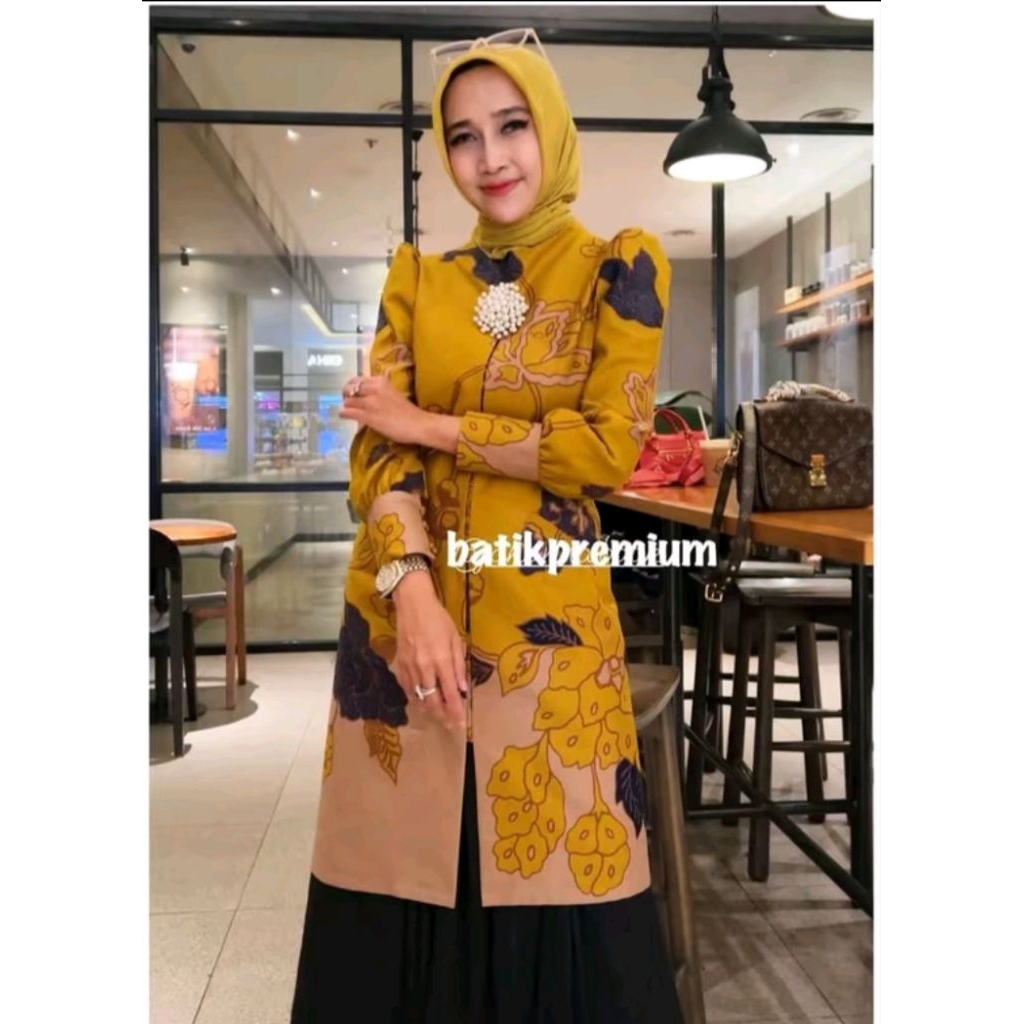 Jual tunik batik wanita motif bunga kuning lapis puring tricot | Shopee ...