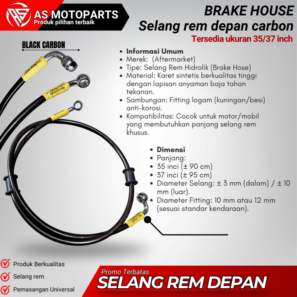 Jual SELANG REM DEPAN 90cm-95cm BLACK KARBON SELANG REM SELANG REM ...