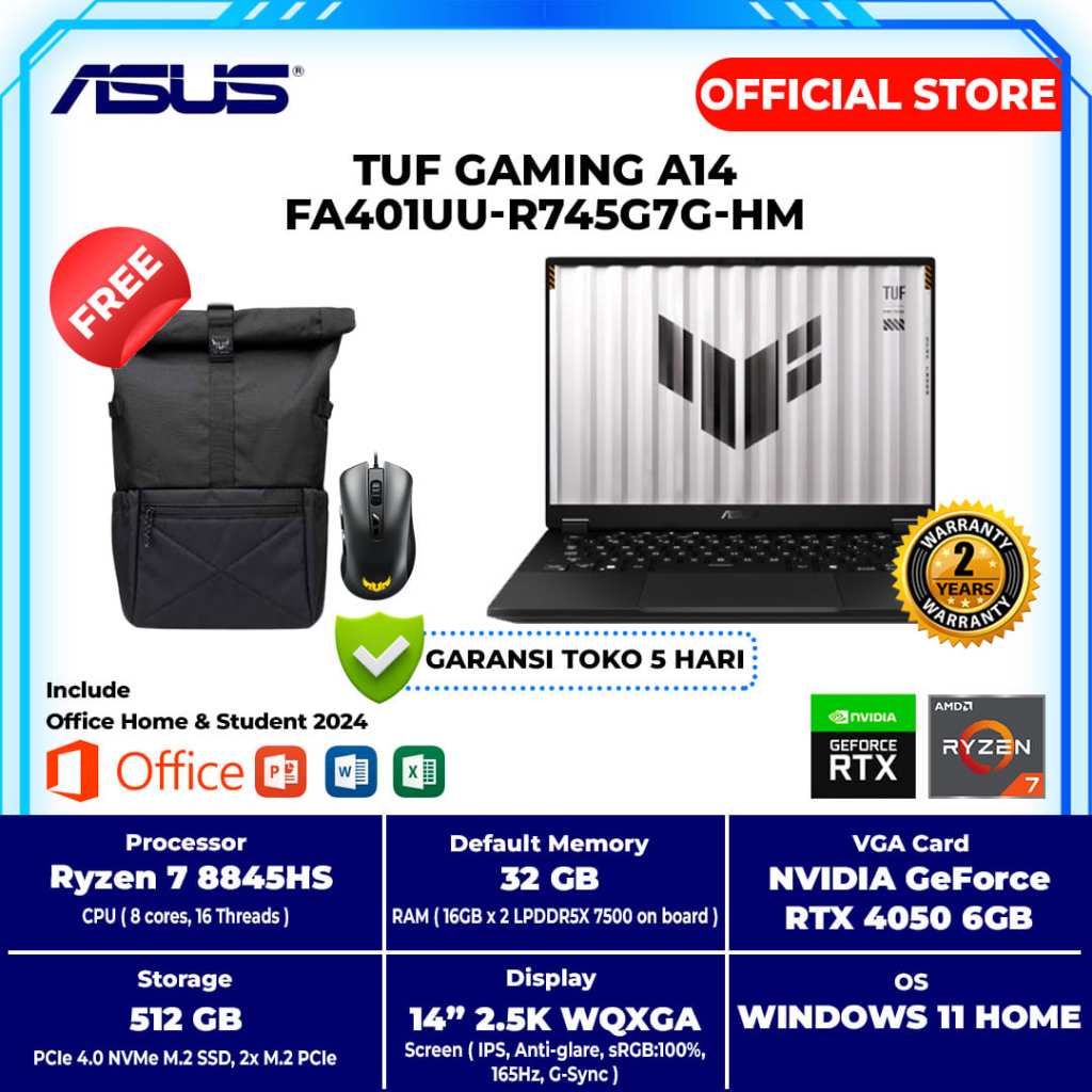 Jual ASUS TUF GAMING A14 FA401UU-R745G7G-HM GREY AMD RYZEN 7-8845HS ...