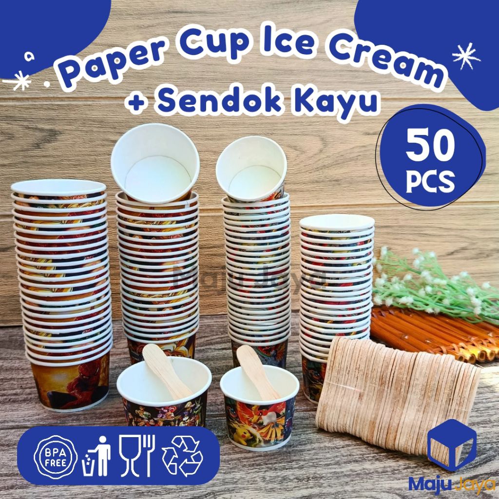 Jual Maju Jaya - [50 pcs] Paper Cup Ice Cream + Sendok Kayu 60 ml 100 ...