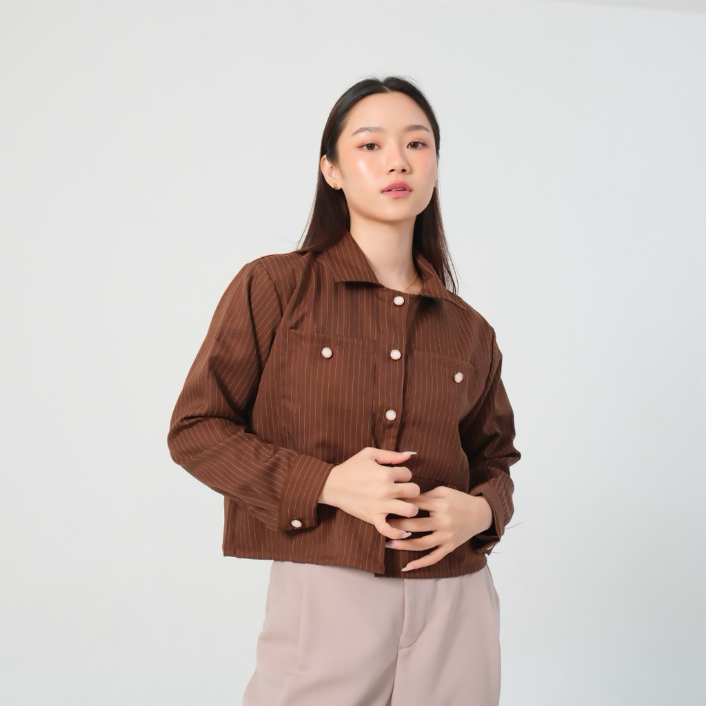 Jual Atasan Salur Wanita lengan Panjang / Kemeja Wanita Kancing Mutiara ...